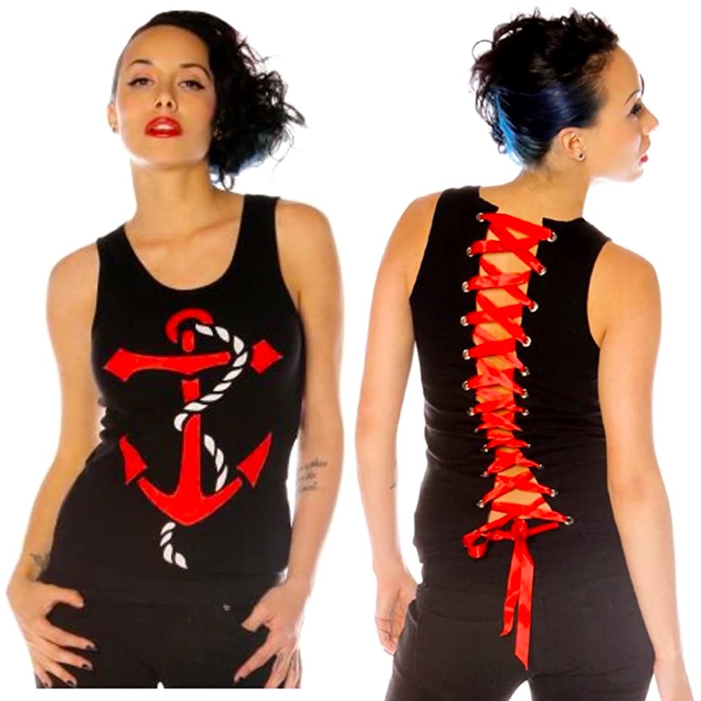 Folter Anchor Print Corset Back Beater Tank Top - Gem